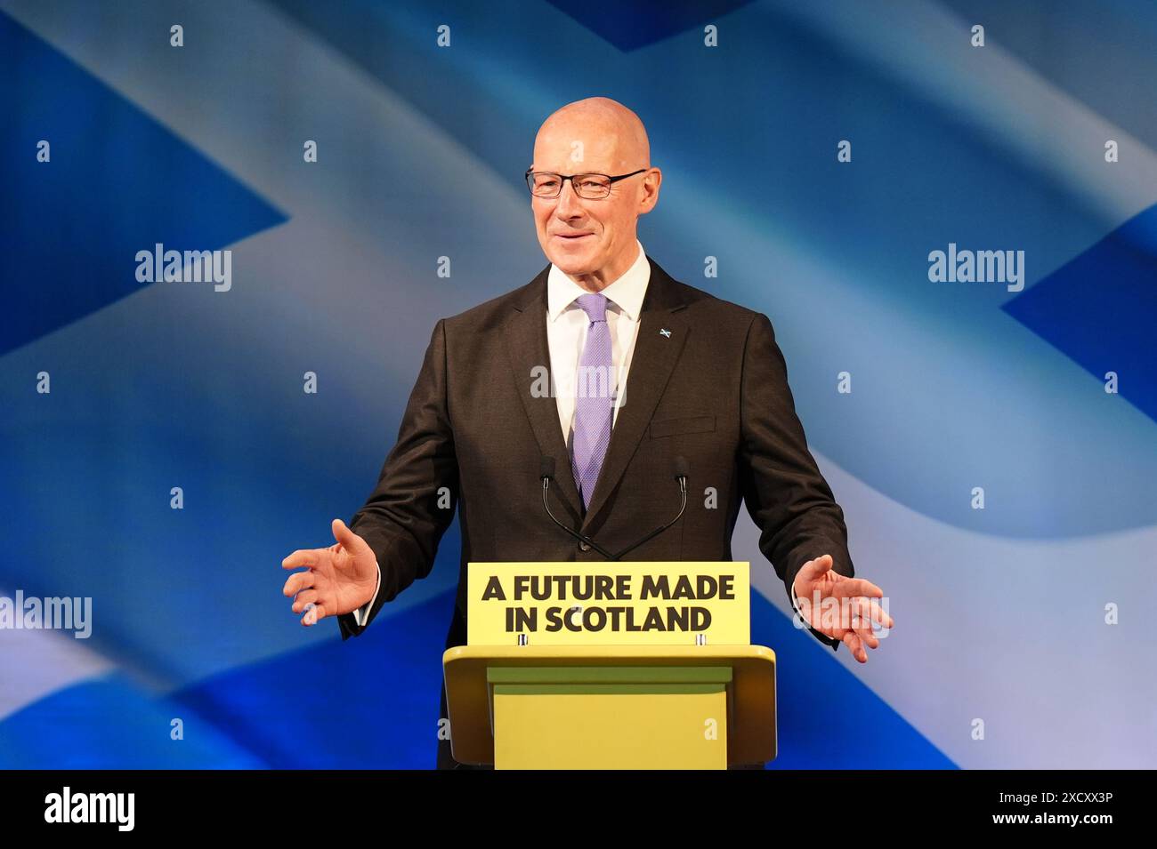 Scottish First Minister and SNP leader John Swinney speaking during the ...