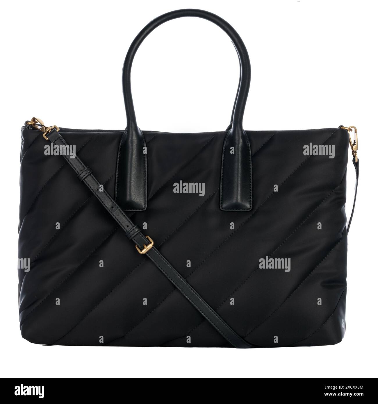Black Quilted Tote Bag on White Background Stock Photo - Alamy