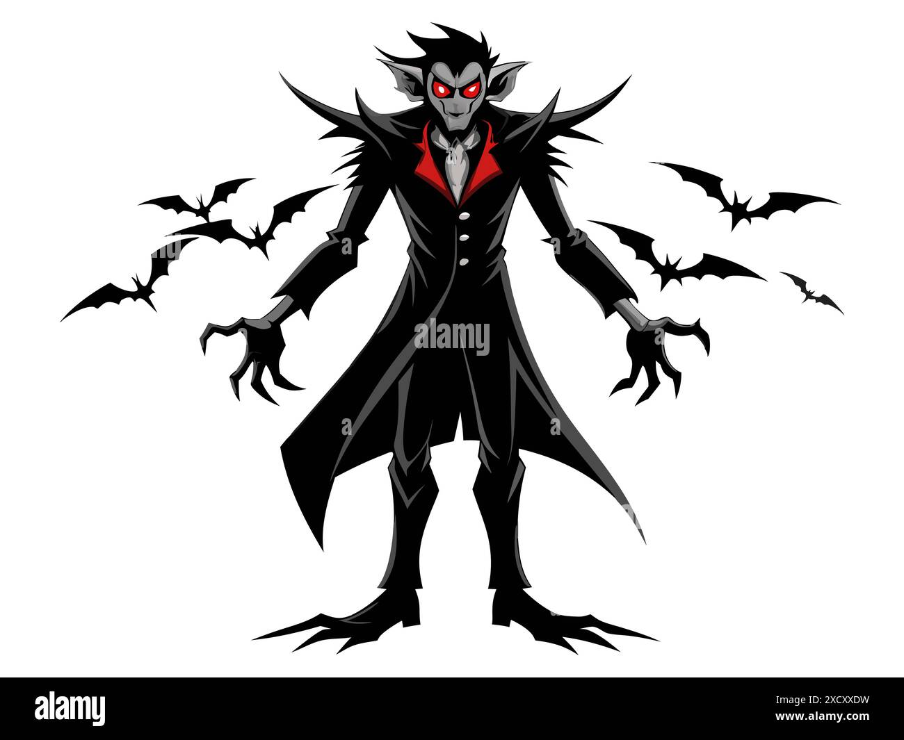 Black silhouette of a vampire with bats on a white background. Concept ...