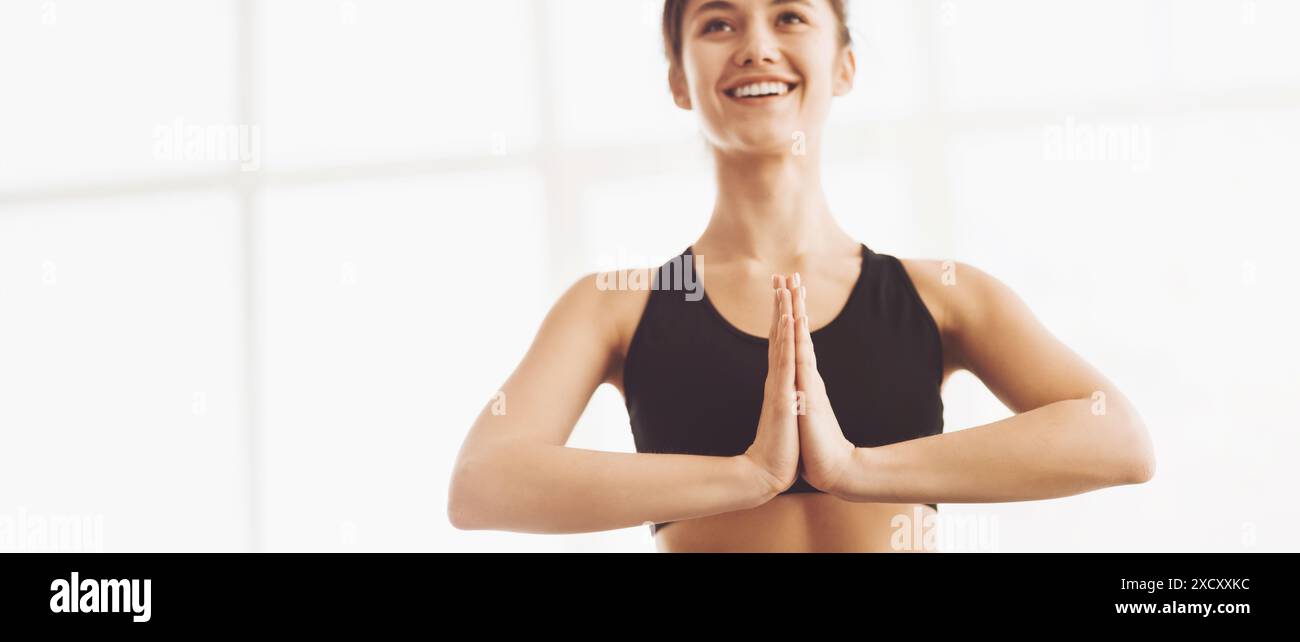 Practicing mindfulness breathing exercises woman hi-res stock ...