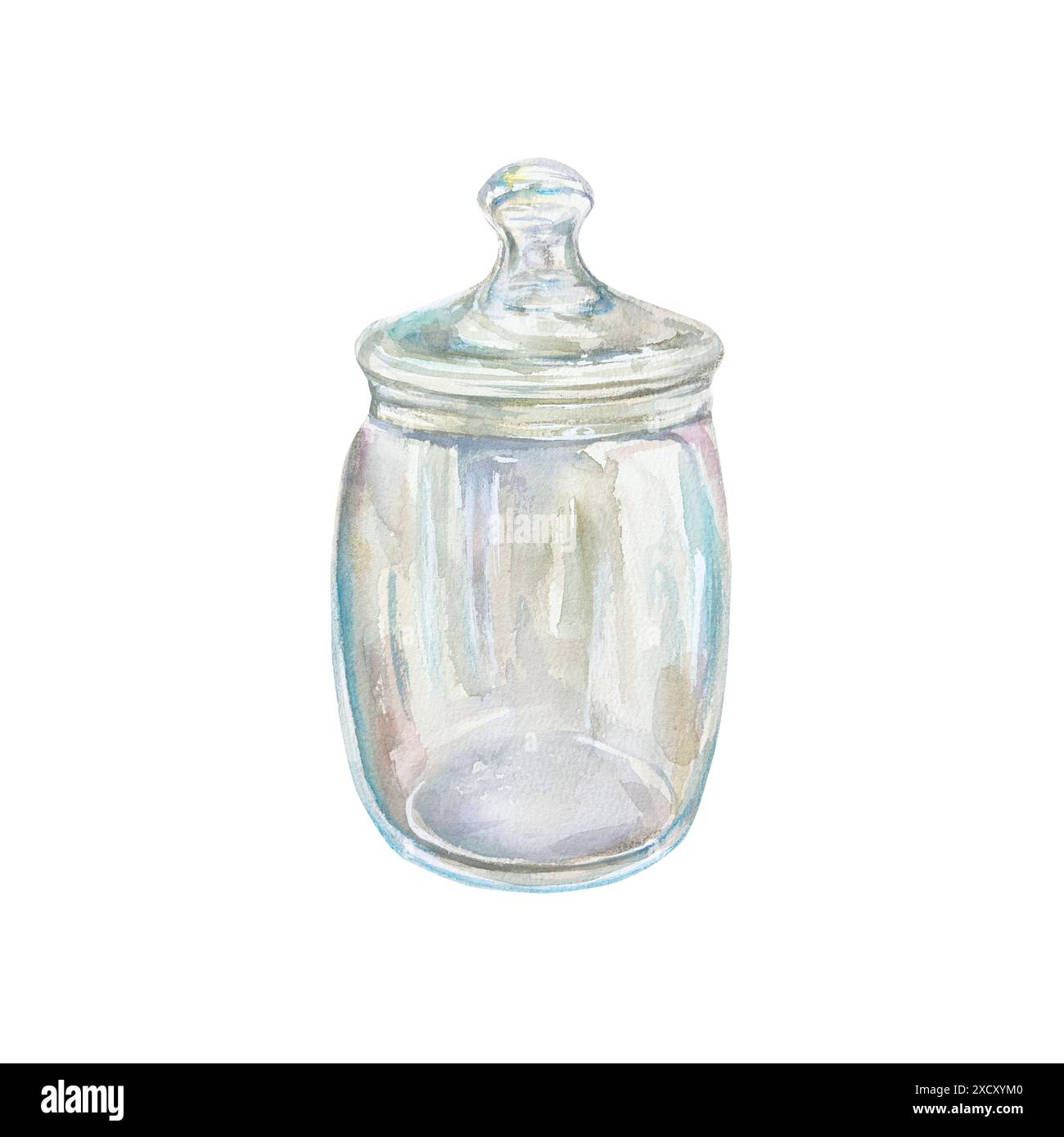 Glass jar with lid, for cookies, sweets. Hand drawn watercolor ...