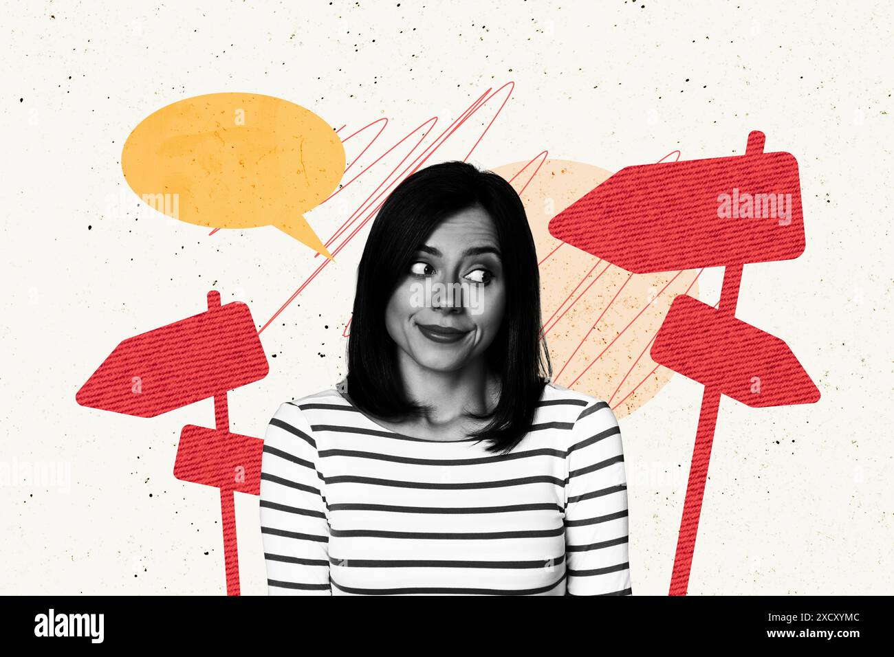 Composite photo collage of dissatisfied refugee girl lost way road sign ...