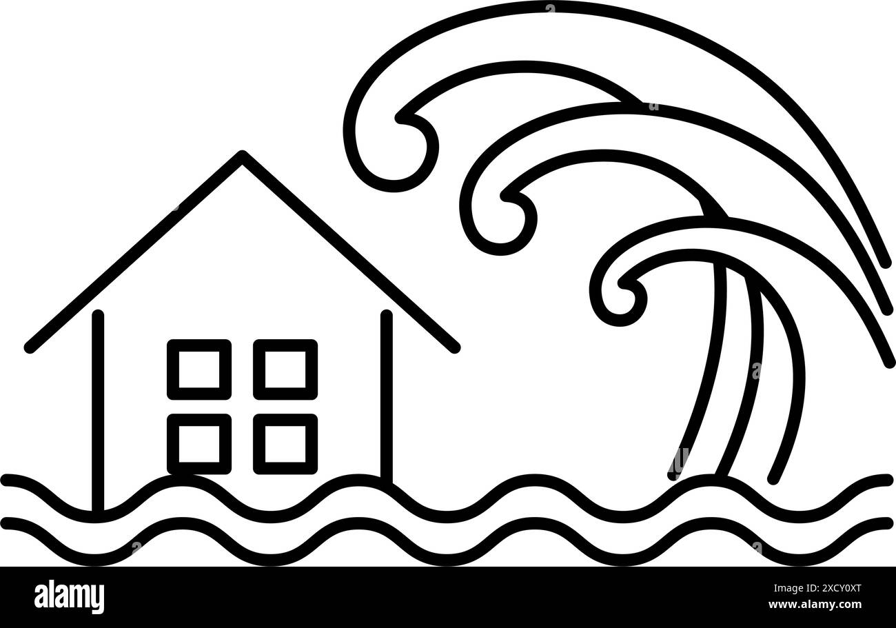 Simple line drawing icon of natural disasters, Tsunami, Vector ...