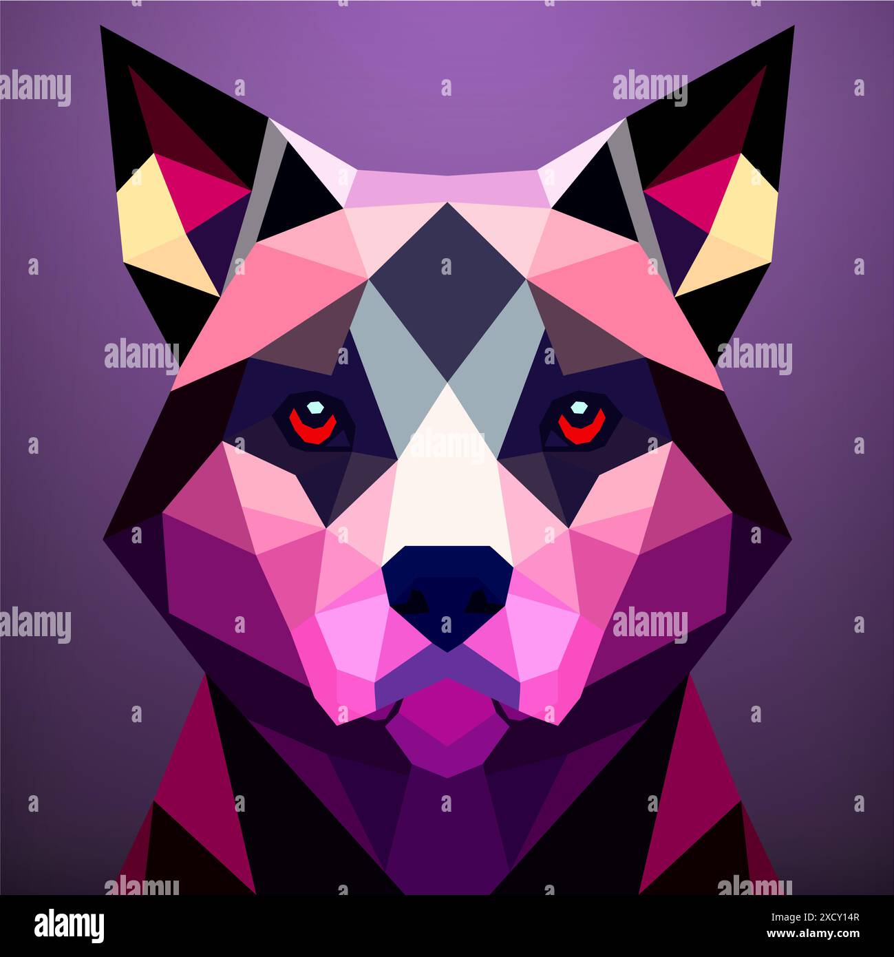 Geometric dog with red eyes on a purple background. Vector art, sots ...