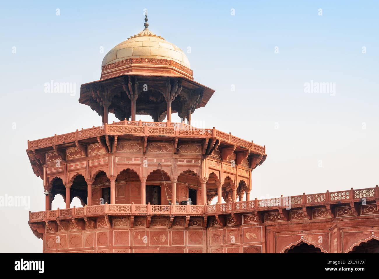 Amazing view of red sandstone octagonal tower with dome in the Agra ...