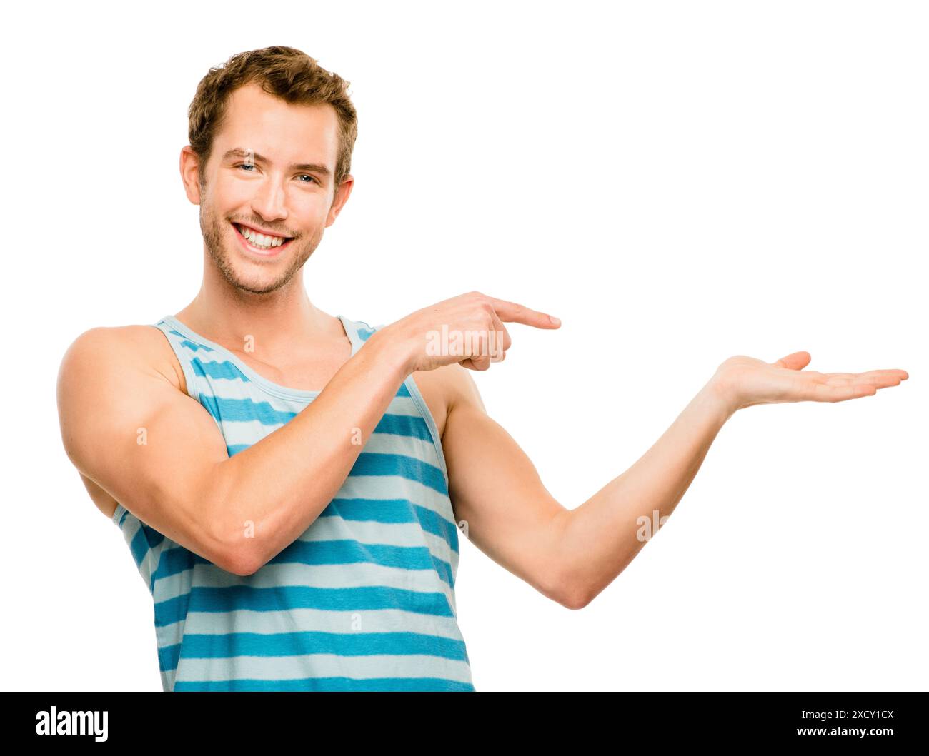 Mockup, pointing and man with open hand in studio for advertising ...