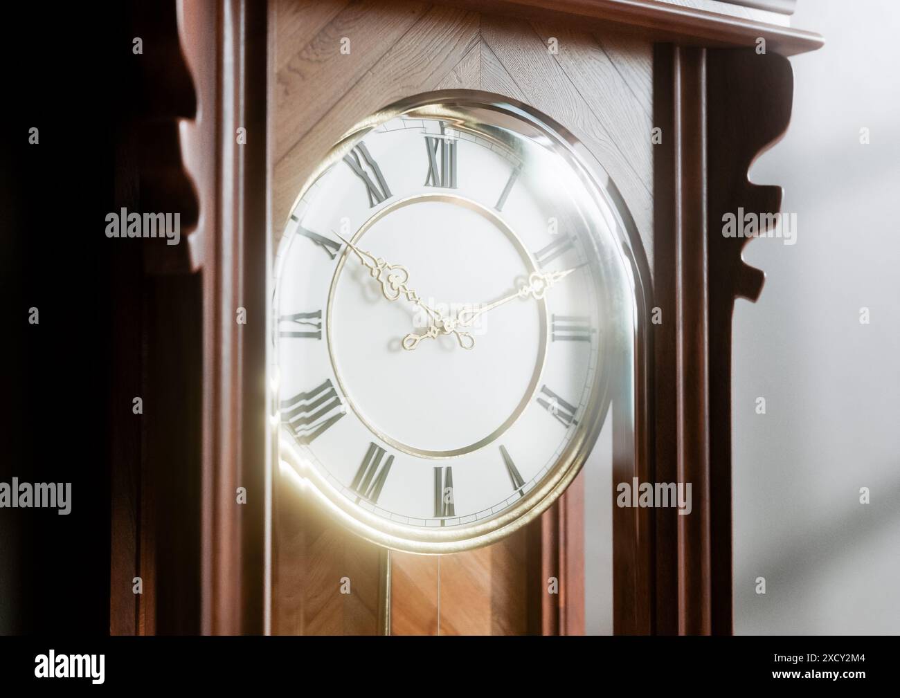 An antique wooden wall mounted grandfather clock with roman numerals ...