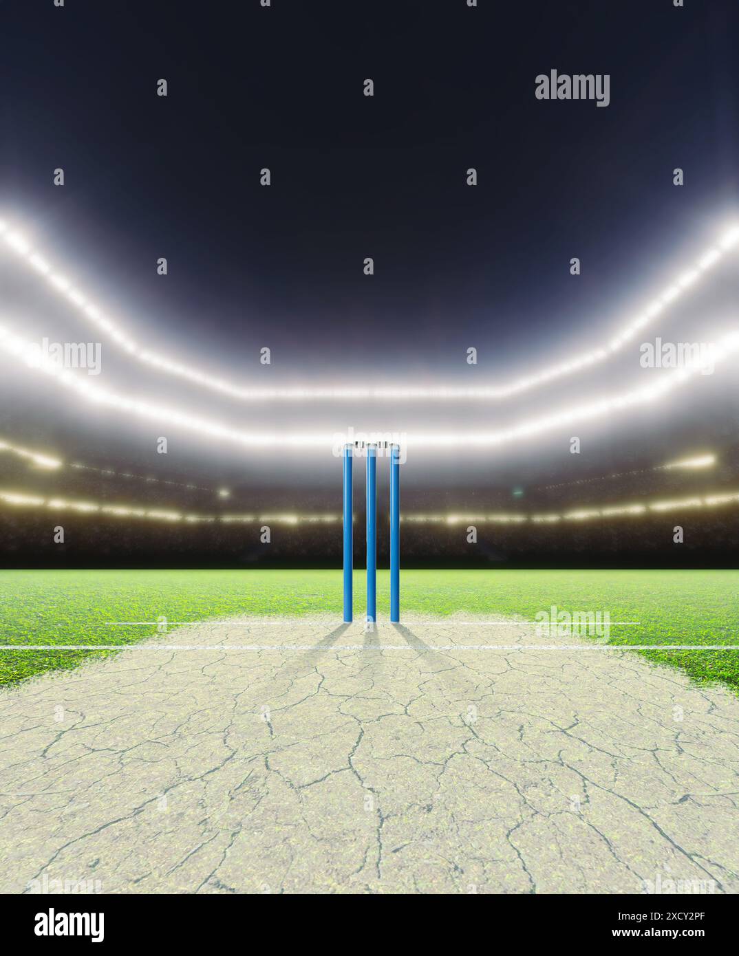 A generic seated cricket stadium showing a pitch and wickets on a green ...