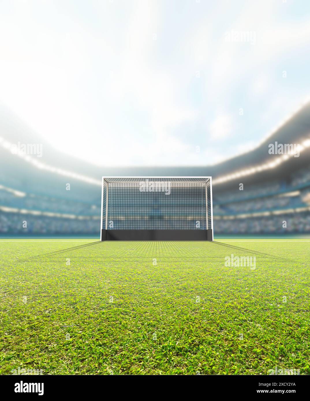 A generic seated outdoor hockey stadium showing goal posts on a green ...