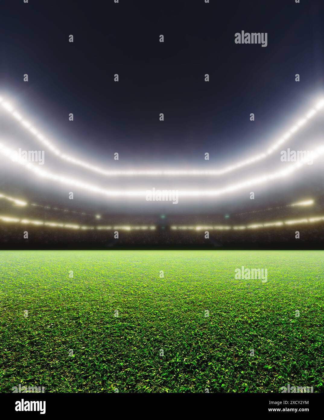 A generic seated stadium with a green grass pitch at night under ...