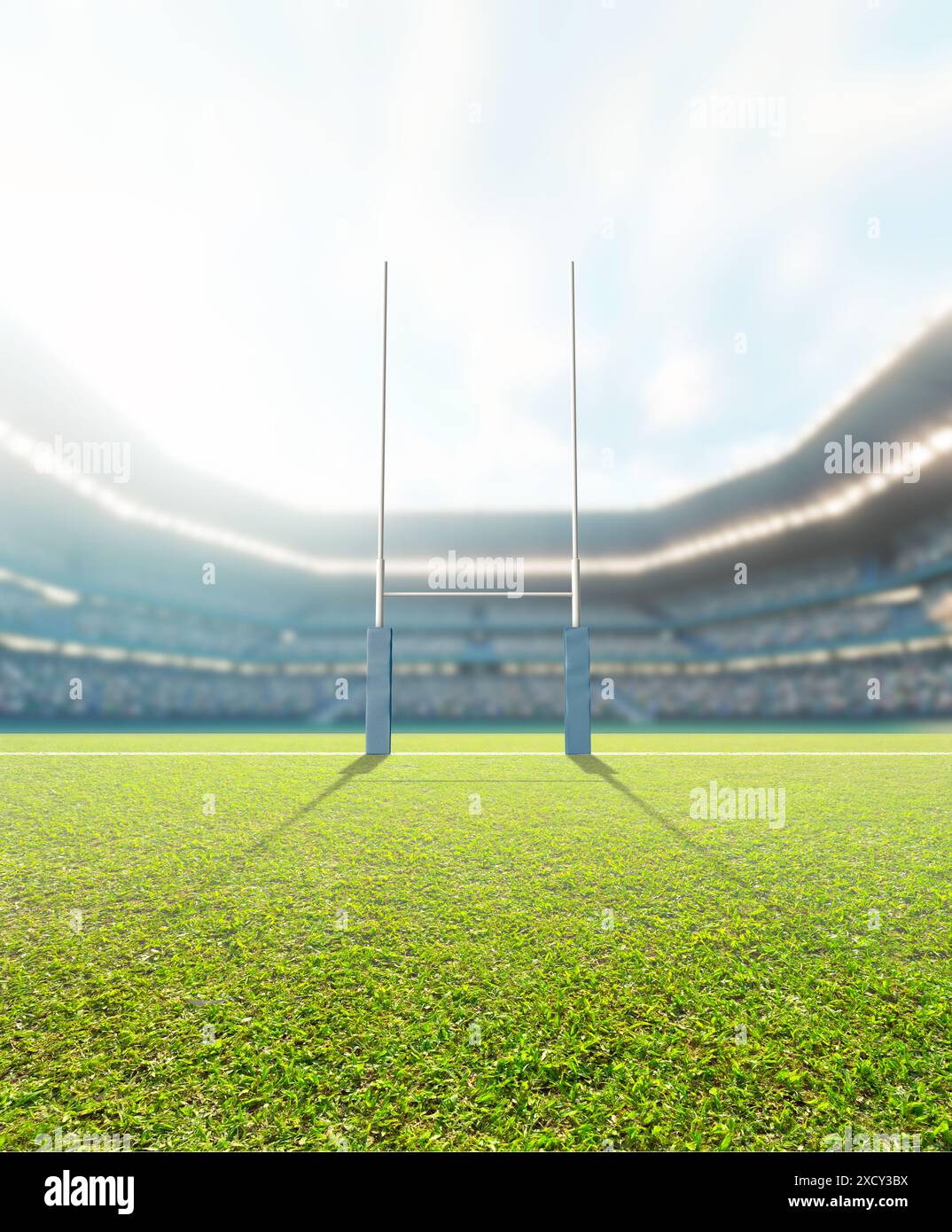 A generic seated rugby stadium showing goal posts on a green grass ...