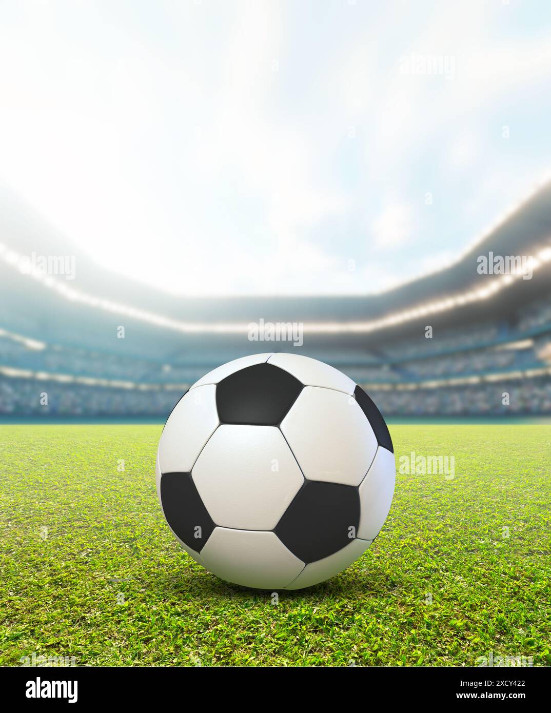A generic seated soccer football stadium showing a soccer ball on a ...