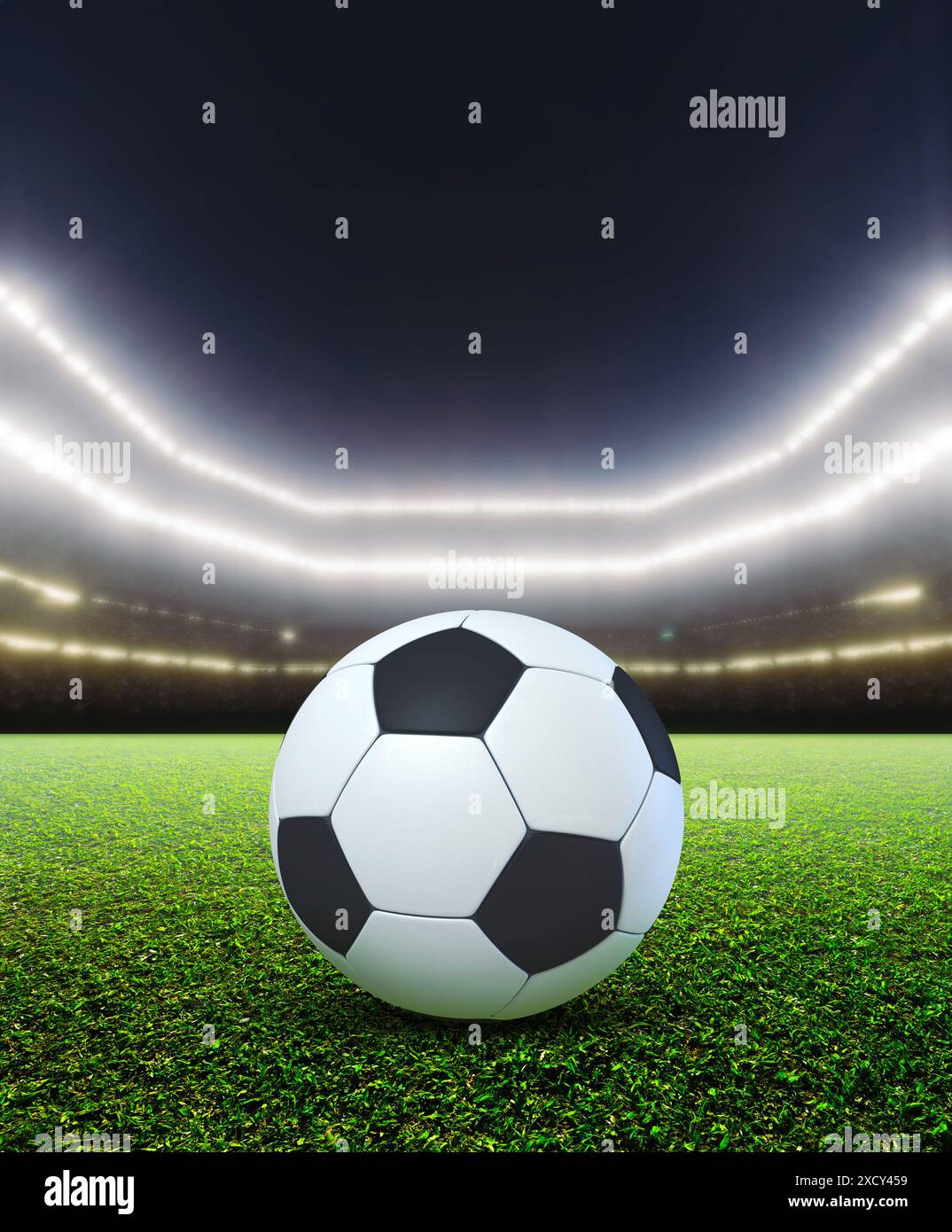 A generic seated soccer football stadium showing a soccer ball on a ...