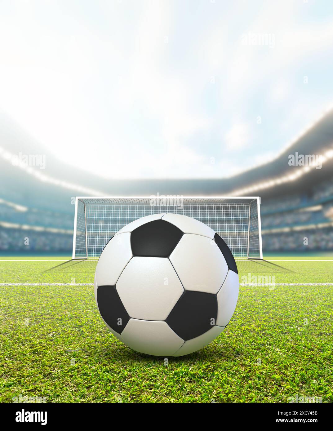 A generic seated soccer football stadium showing goal posts and a ball ...