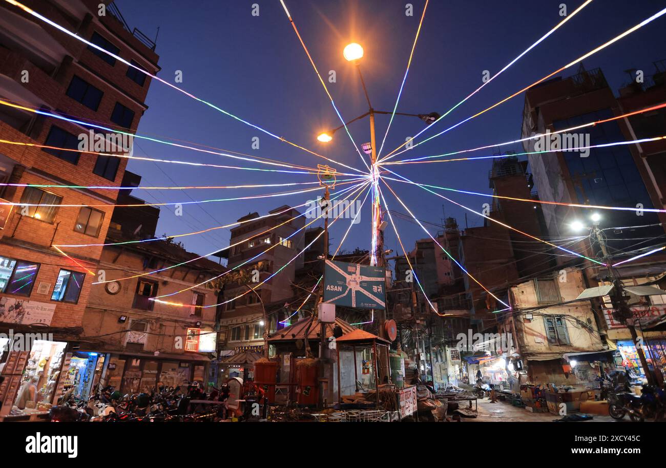 night view of Asan market in kathmandu, nepal during Festival of Lights ...