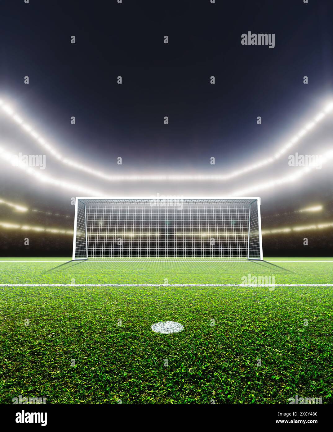 A generic seated soccer football stadium showing goal posts on a green ...