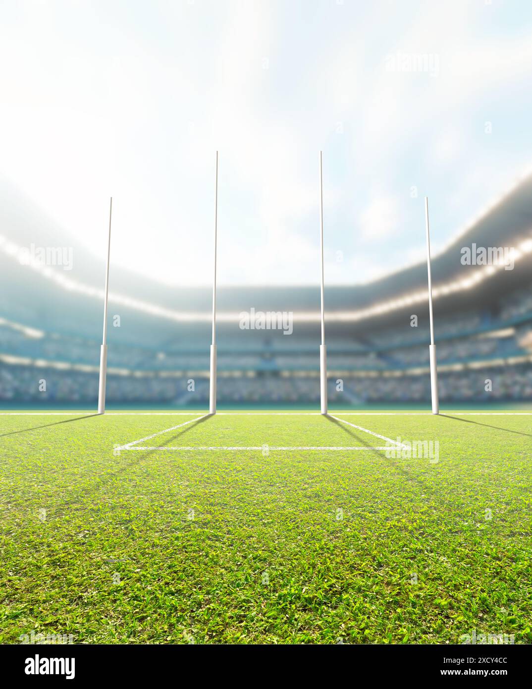 A generic seated aussie rules stadium showing goal posts on a green ...