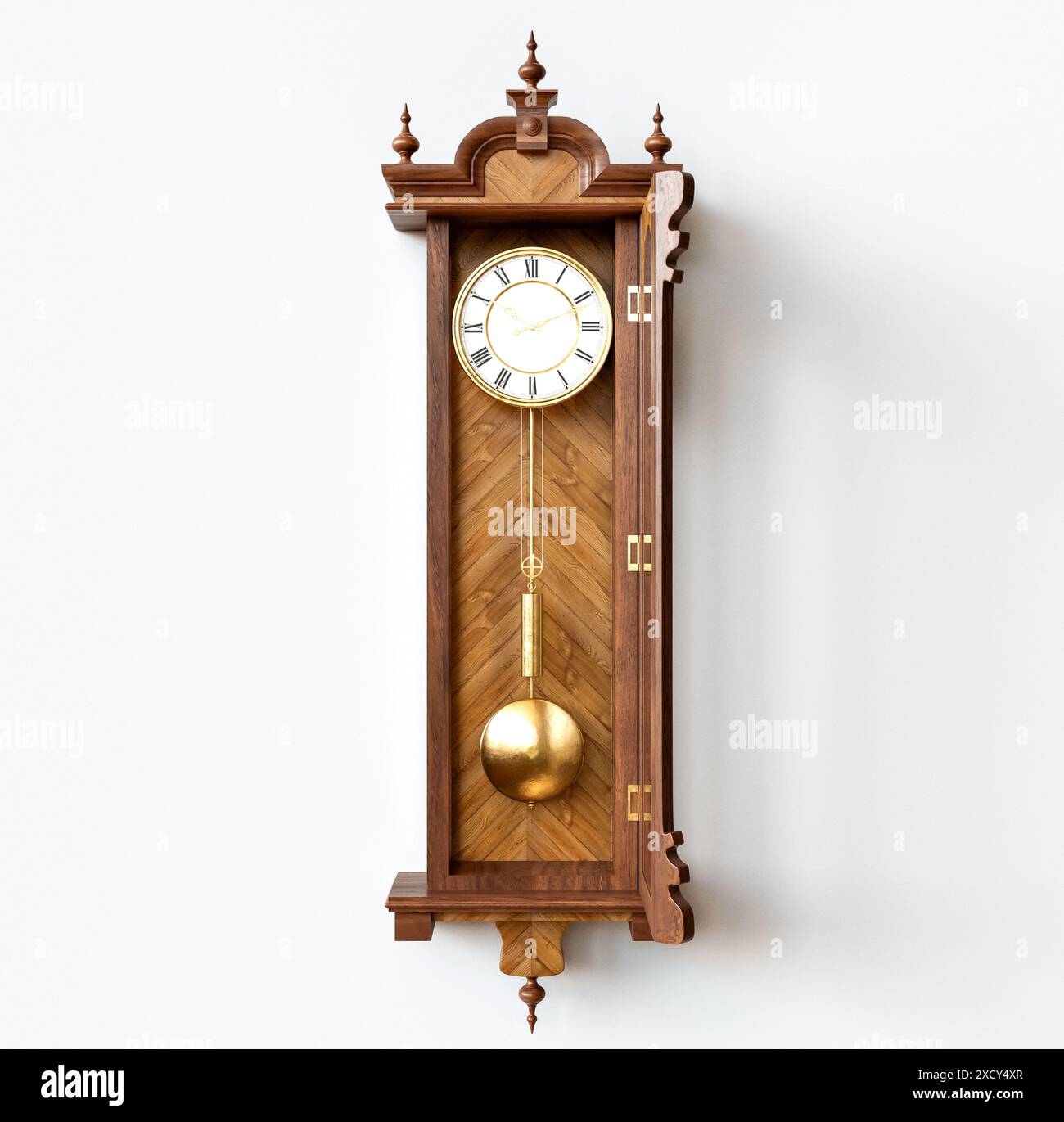 An antique wooden wall mounted grandfather clock with roman numerals ...