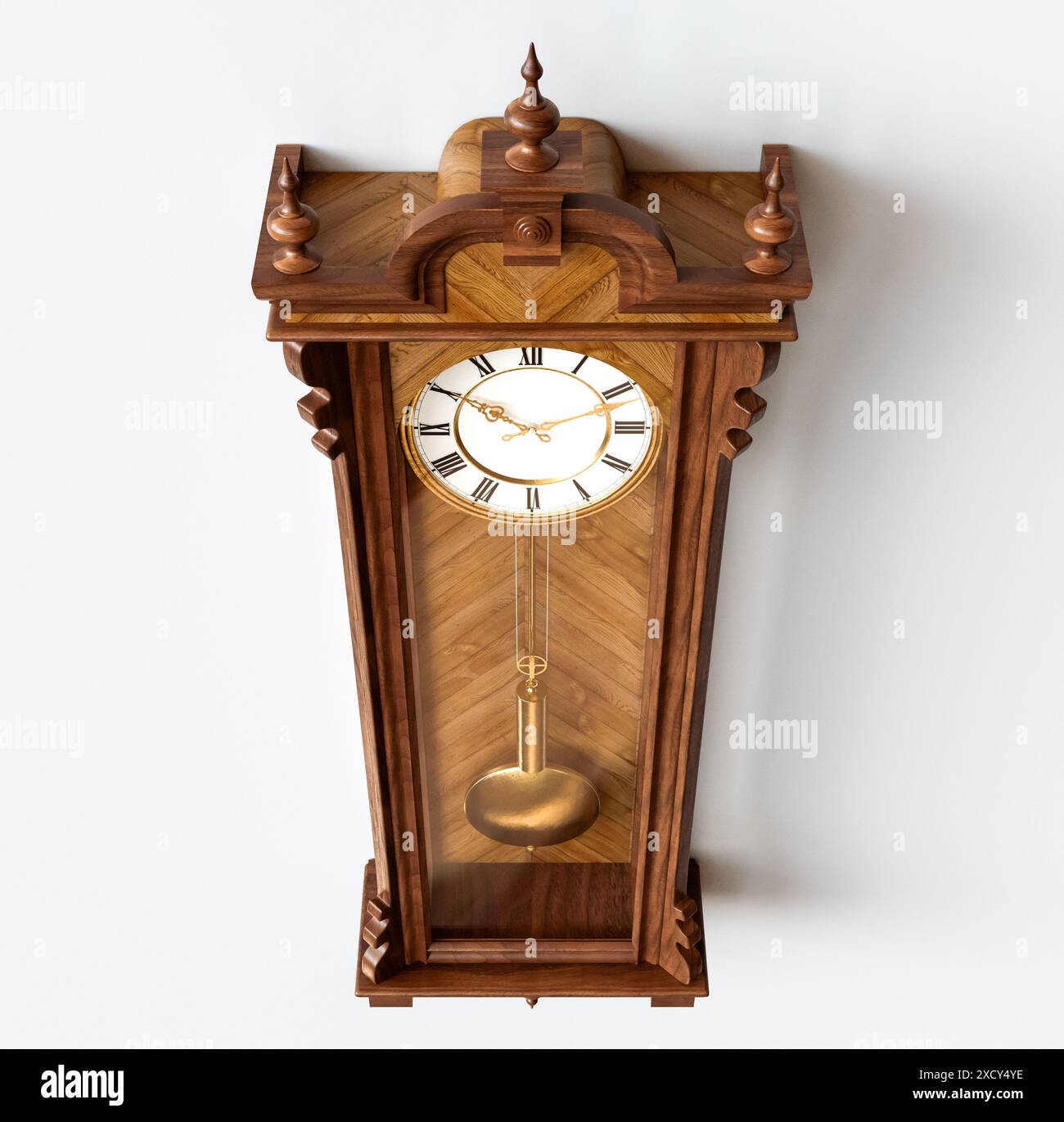 An antique wooden wall mounted grandfather clock with roman numerals ...