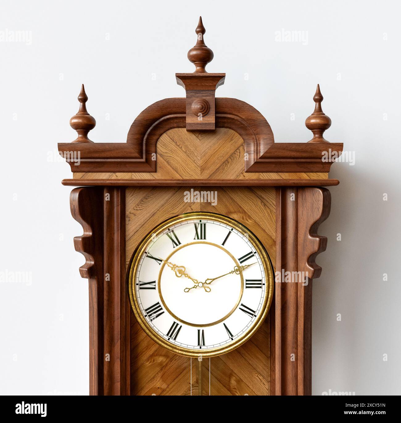 An antique wooden wall mounted grandfather clock with roman numerals ...