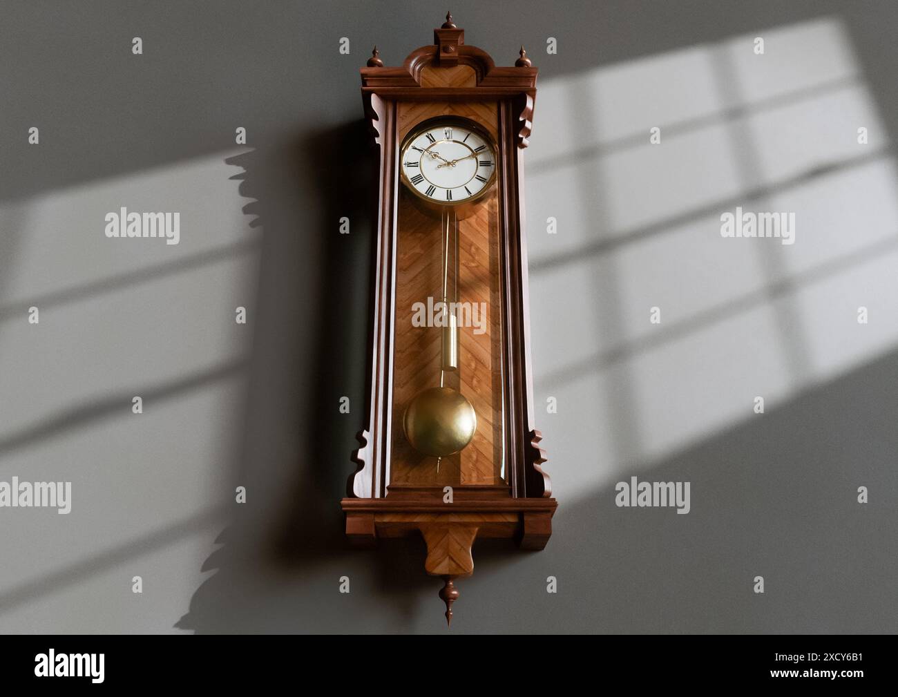 An antique wooden wall mounted grandfather clock with roman numerals ...