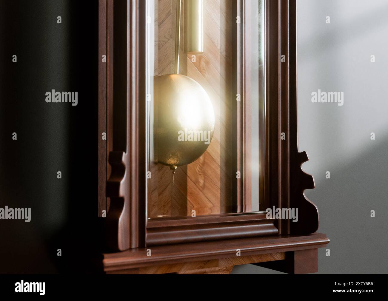 An antique wooden wall mounted grandfather clock with roman numerals ...