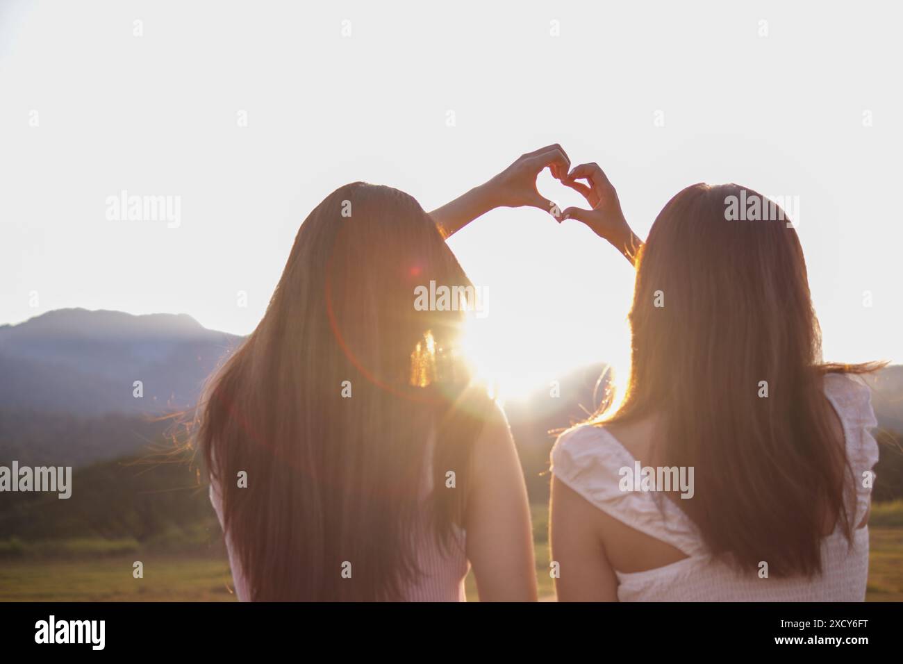 Silhouette couple hands raised up make heart shape on beautiful evening ...