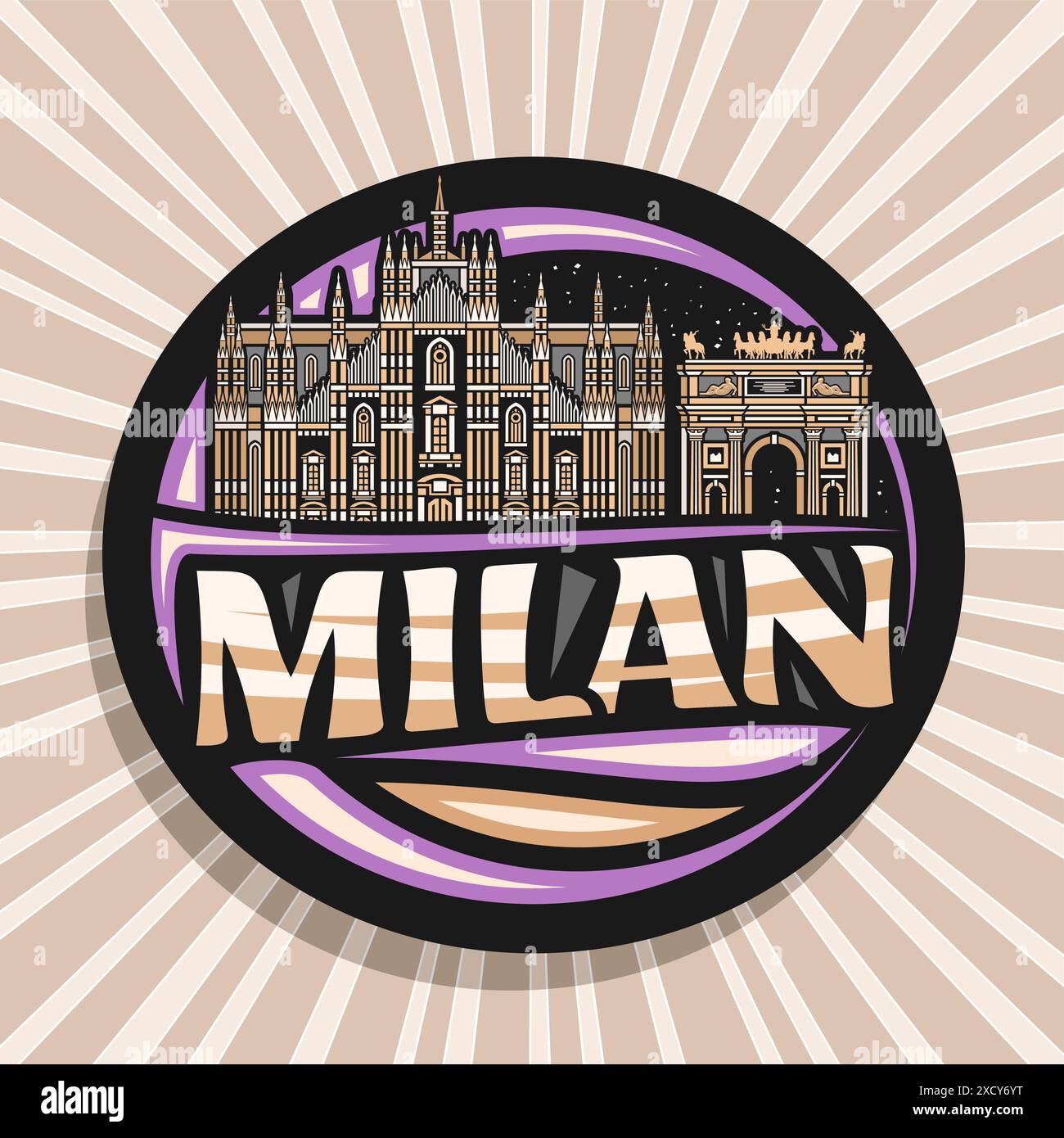 Vector logo for Milan, dark decorative label with outline illustration ...