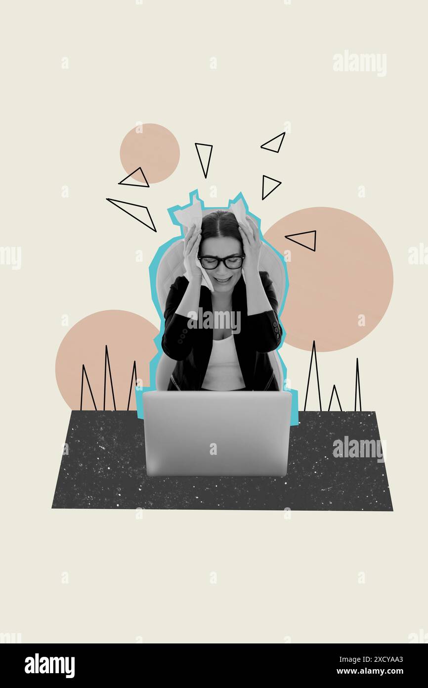 Vertical photo collage of upset cry businesswoman hold crumpled paper ...