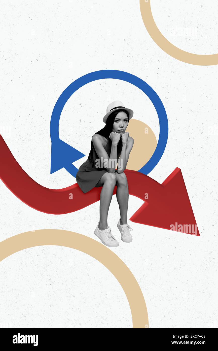 Vertical photo collage of upset dissatisfied girl arrow point down ...