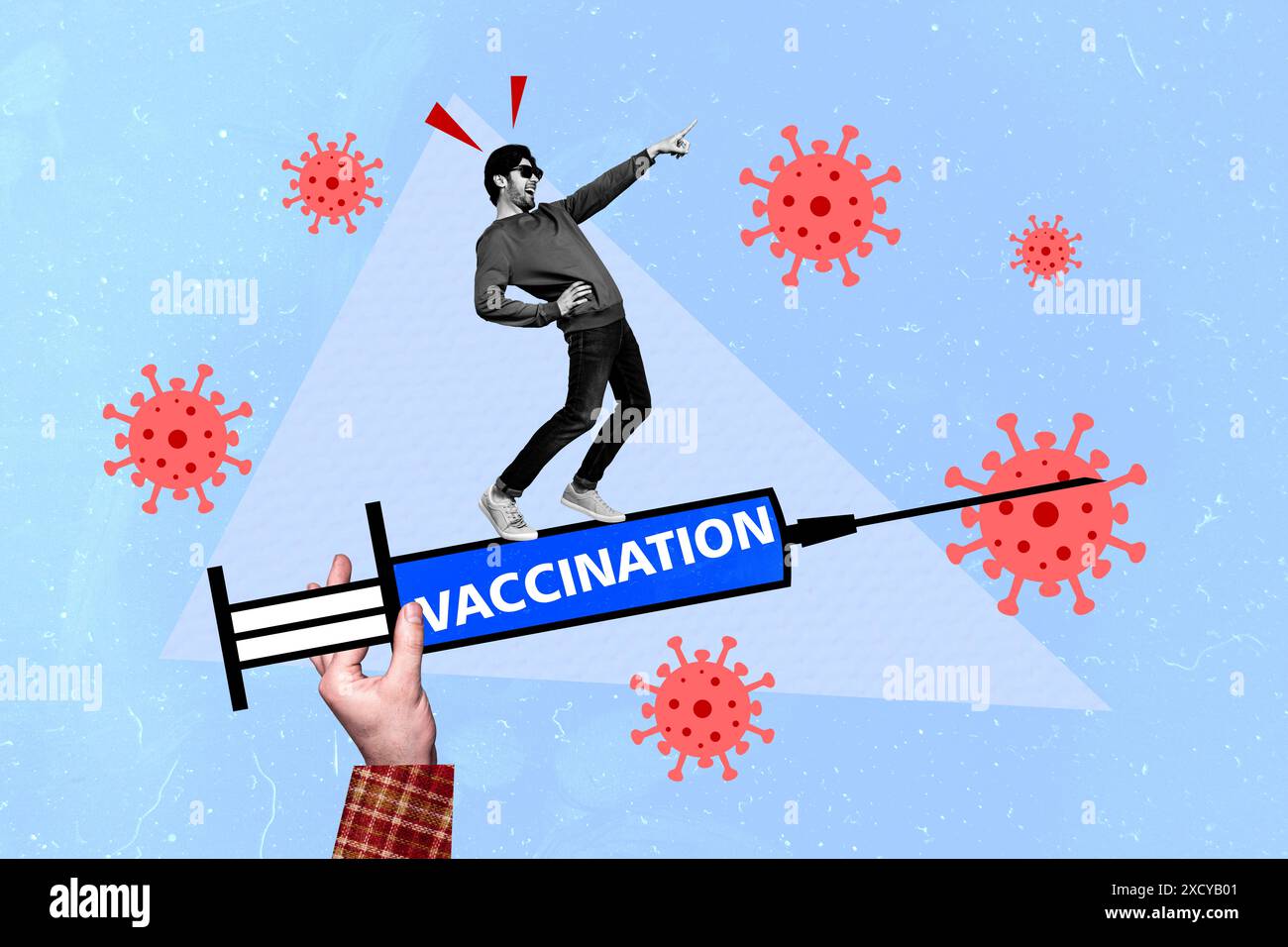 Creative collage picture young man show point finger vaccination huge ...