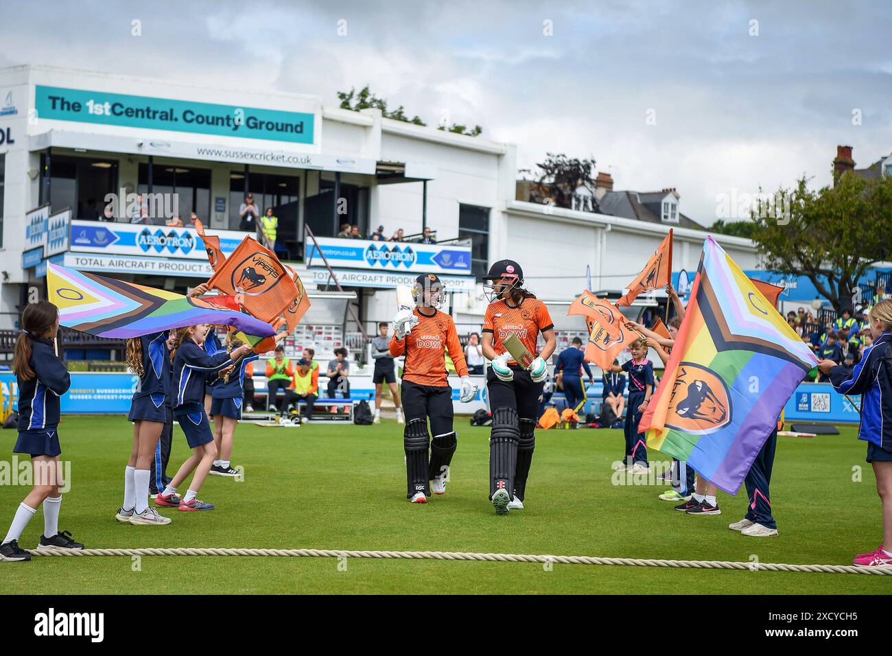 Hove, UK. 19 June 2024.Danni Wyatt (left) and Maia Bouchier of Southern ...