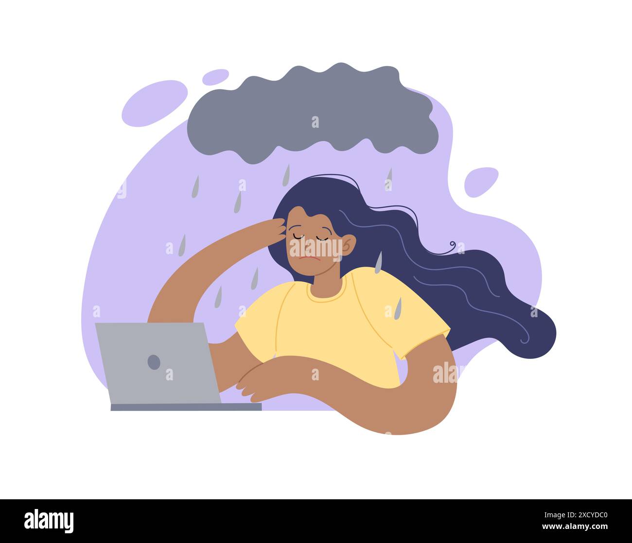 Sad and tired woman with raining cloud over her head. Depression ...