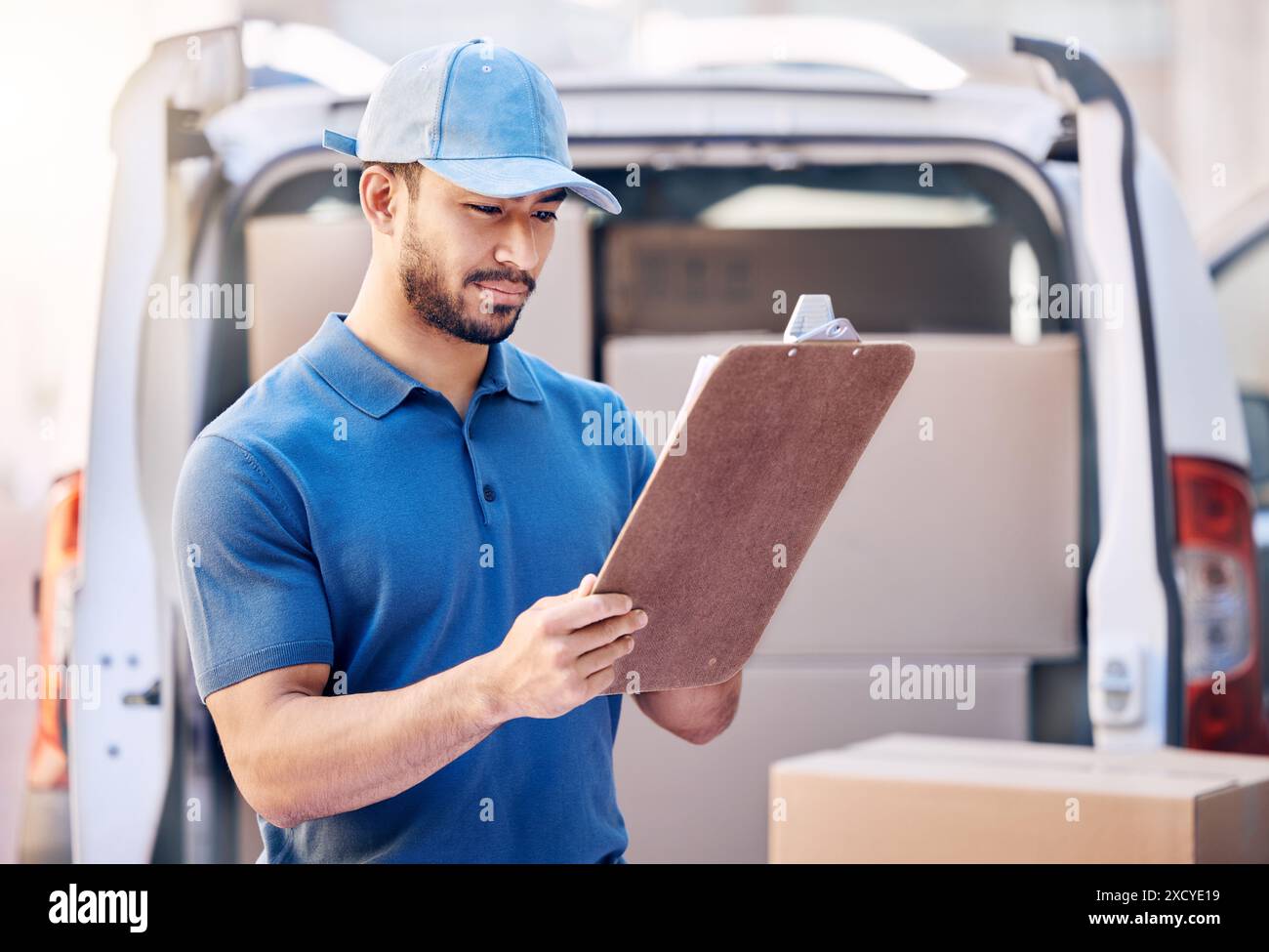 Logistic, checklist and delivery man with clipboard by car, inspection ...