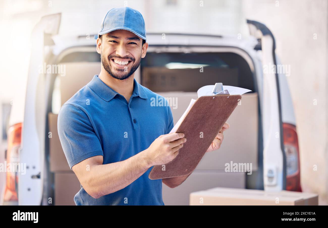 Logistics, portrait and delivery man by van with clipboard, checklist ...