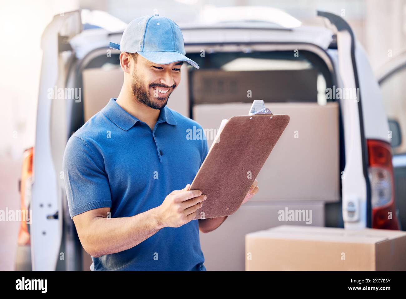 Logistic, inspection and delivery man by car with clipboard, checklist ...