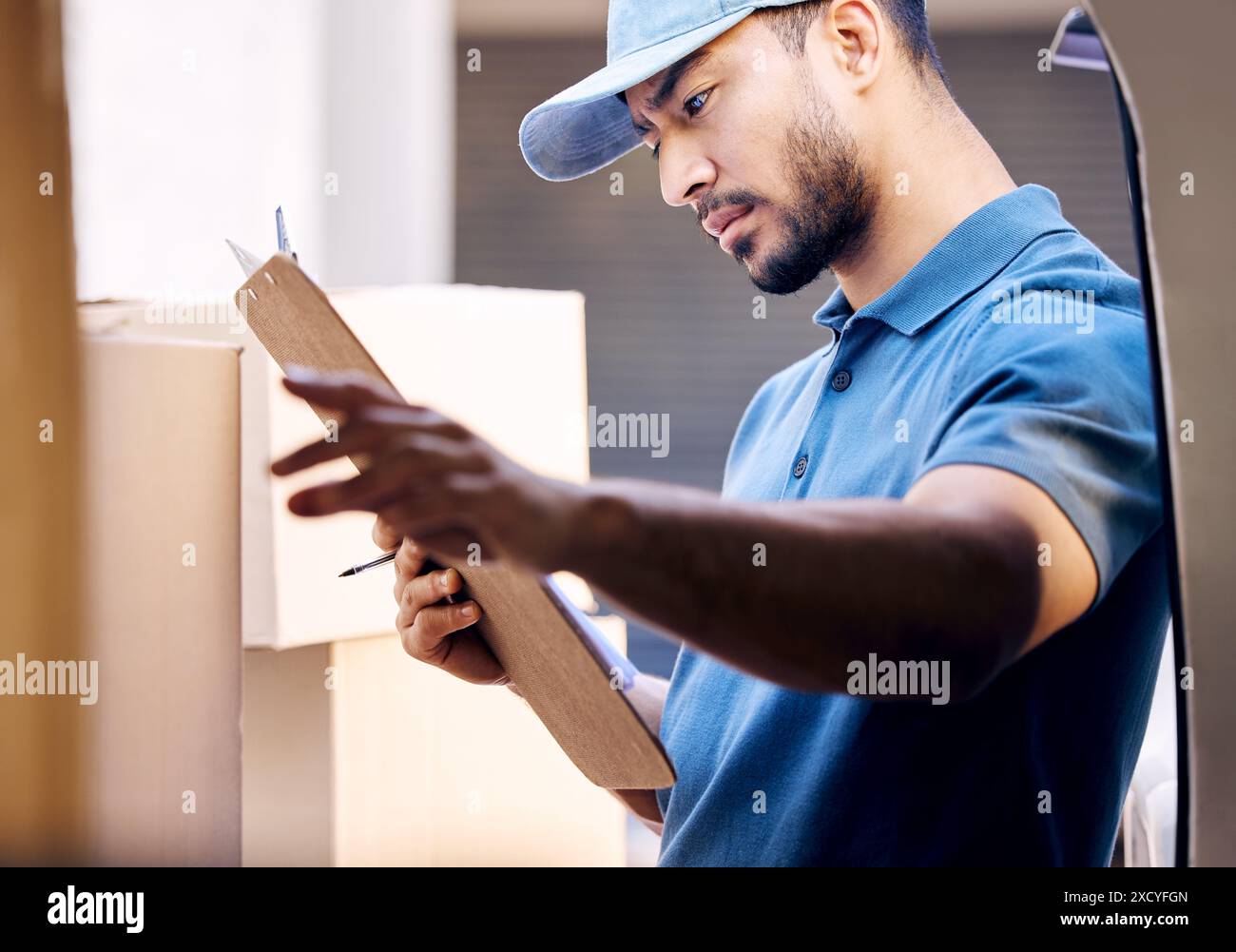 Ecommerce, man and checklist with boxes for delivery, check and ...