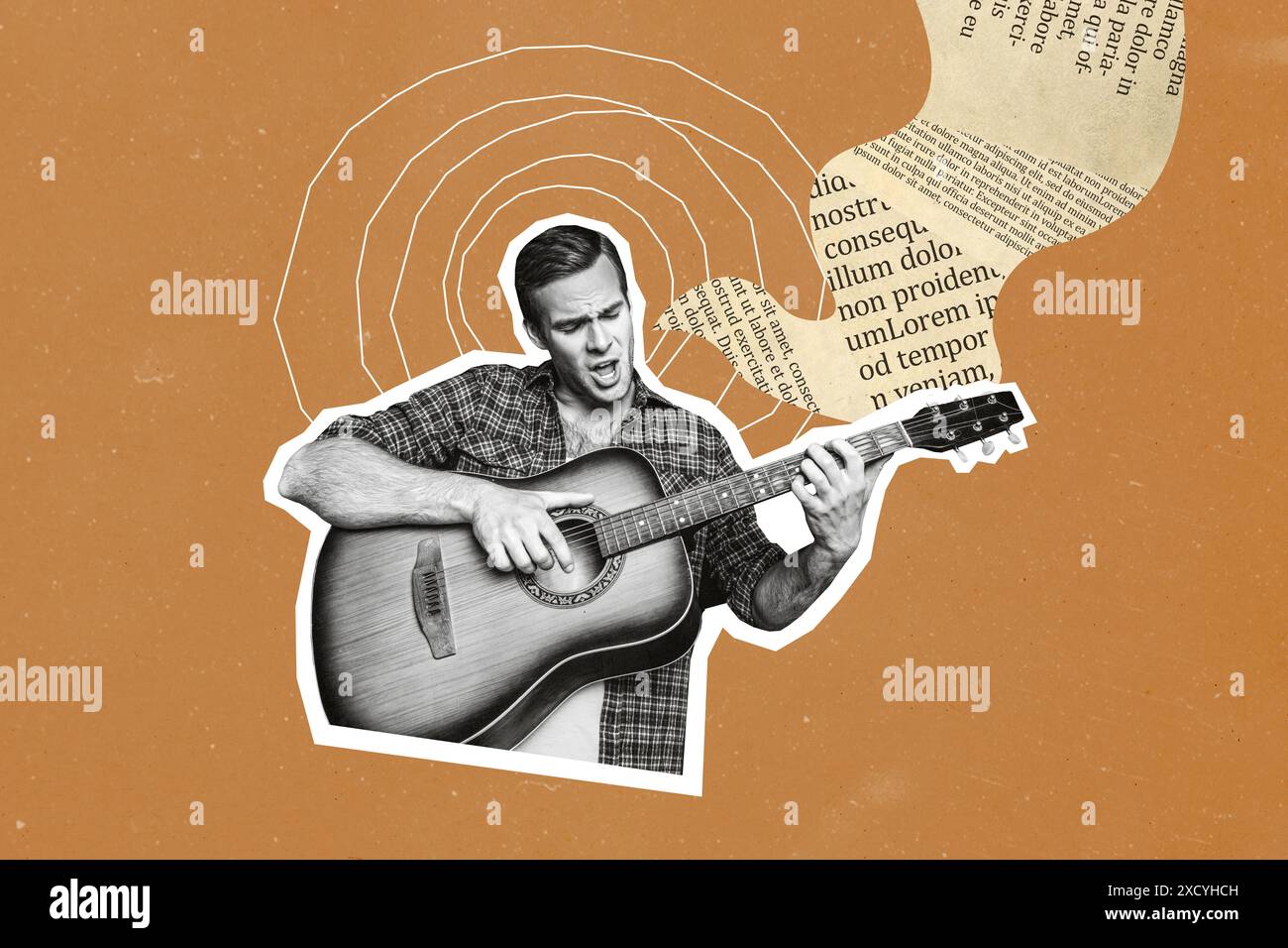 Composite photo collage of happy guy composer play acoustic guitar sing ...