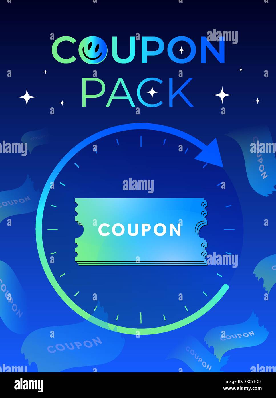 3d stack or pack of coupons with cycle arrow, isolated on dark blue ...