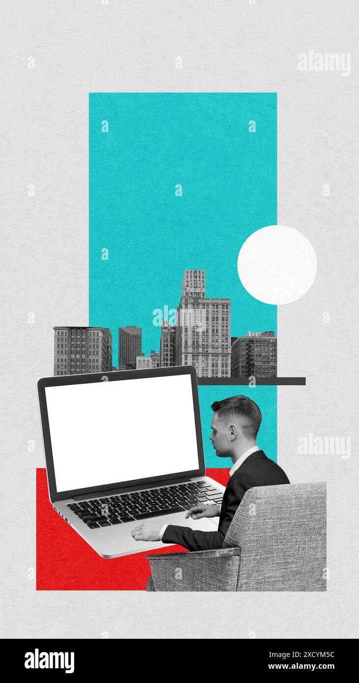 Vertical design with focused man, employee working on laptop with city ...