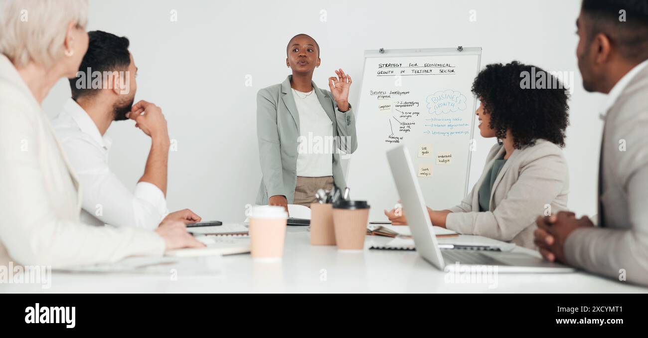 Whiteboard, business woman and talking for presentation with meeting ...