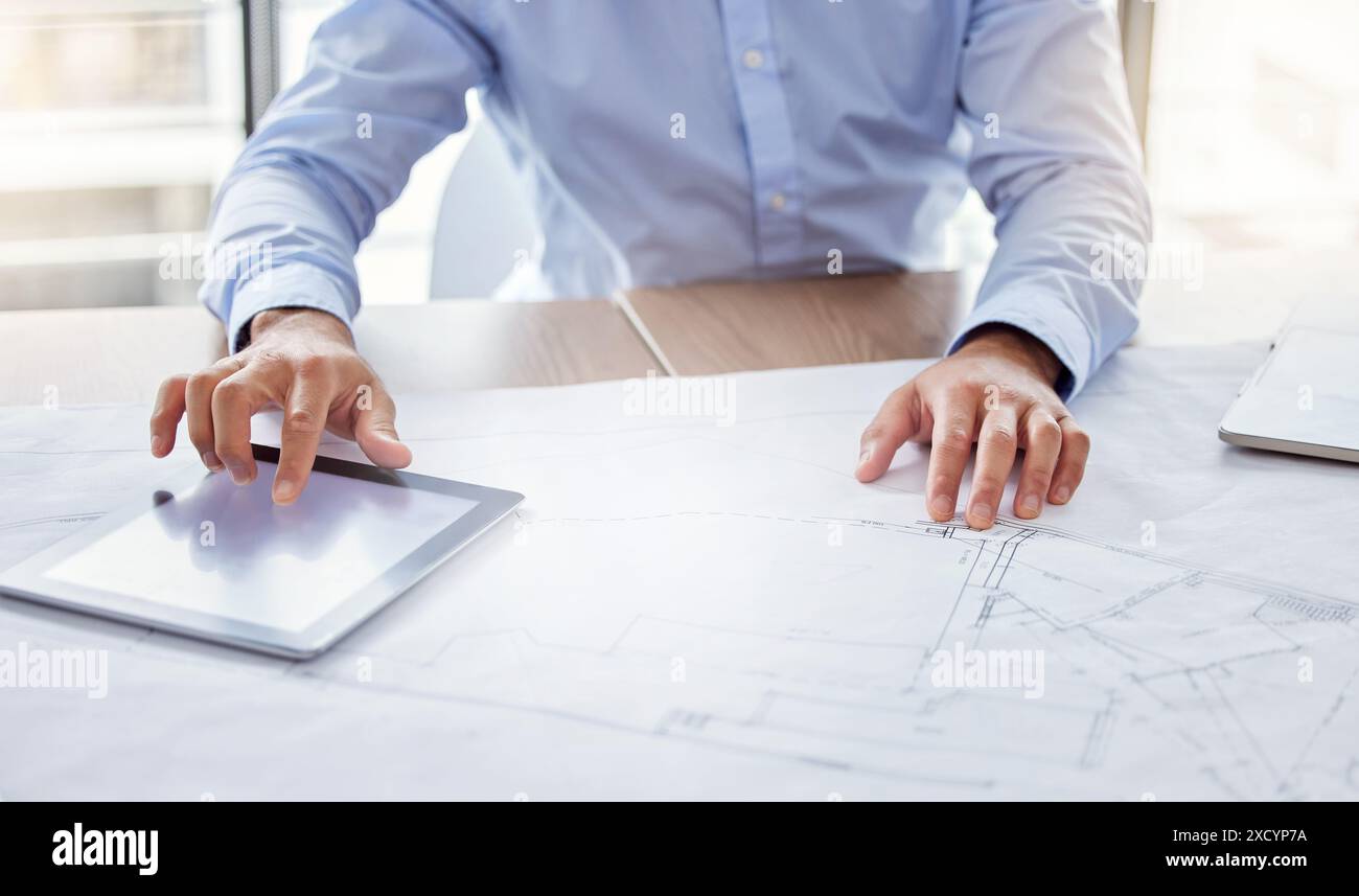 Businessperson, architect and hands with tablet or blueprint for ...