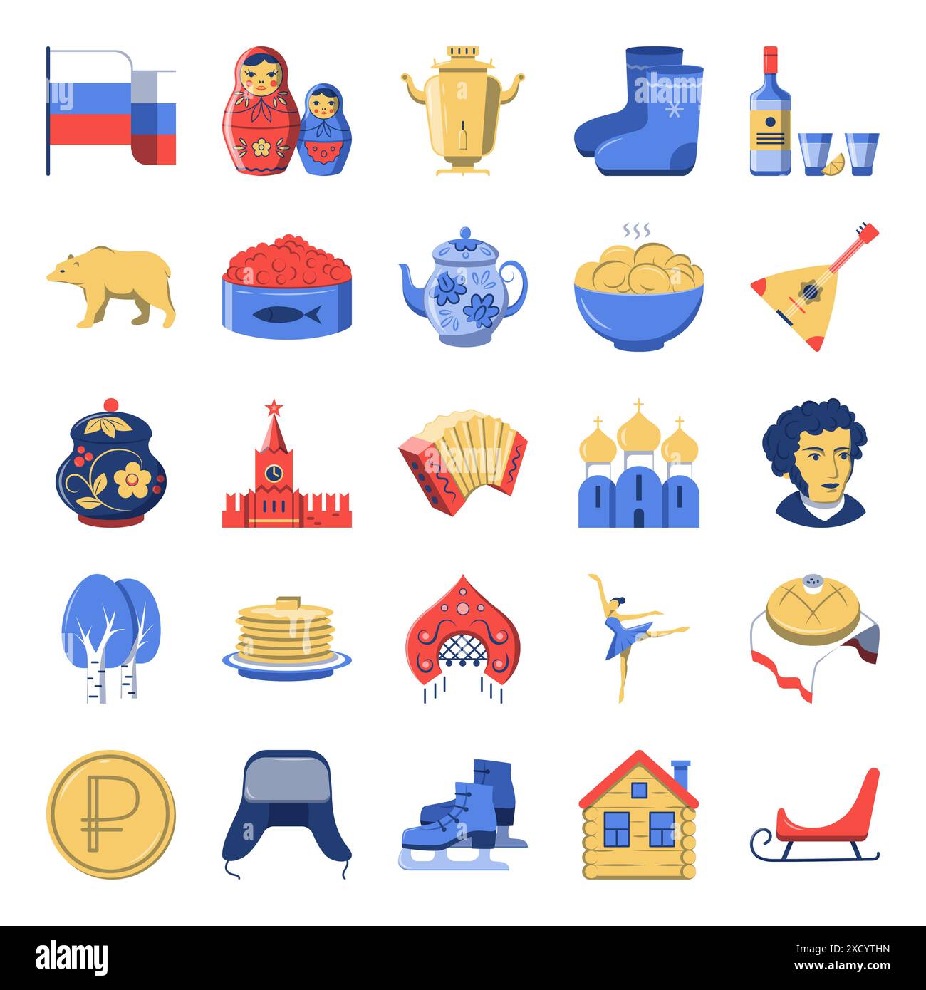 Russian national symbols icon set in flat style. Food, culture and ...