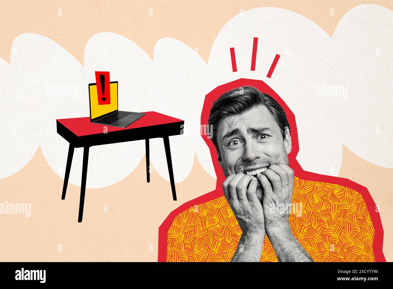 Composite photo collage of scared panic man bite fingers problem broke ...