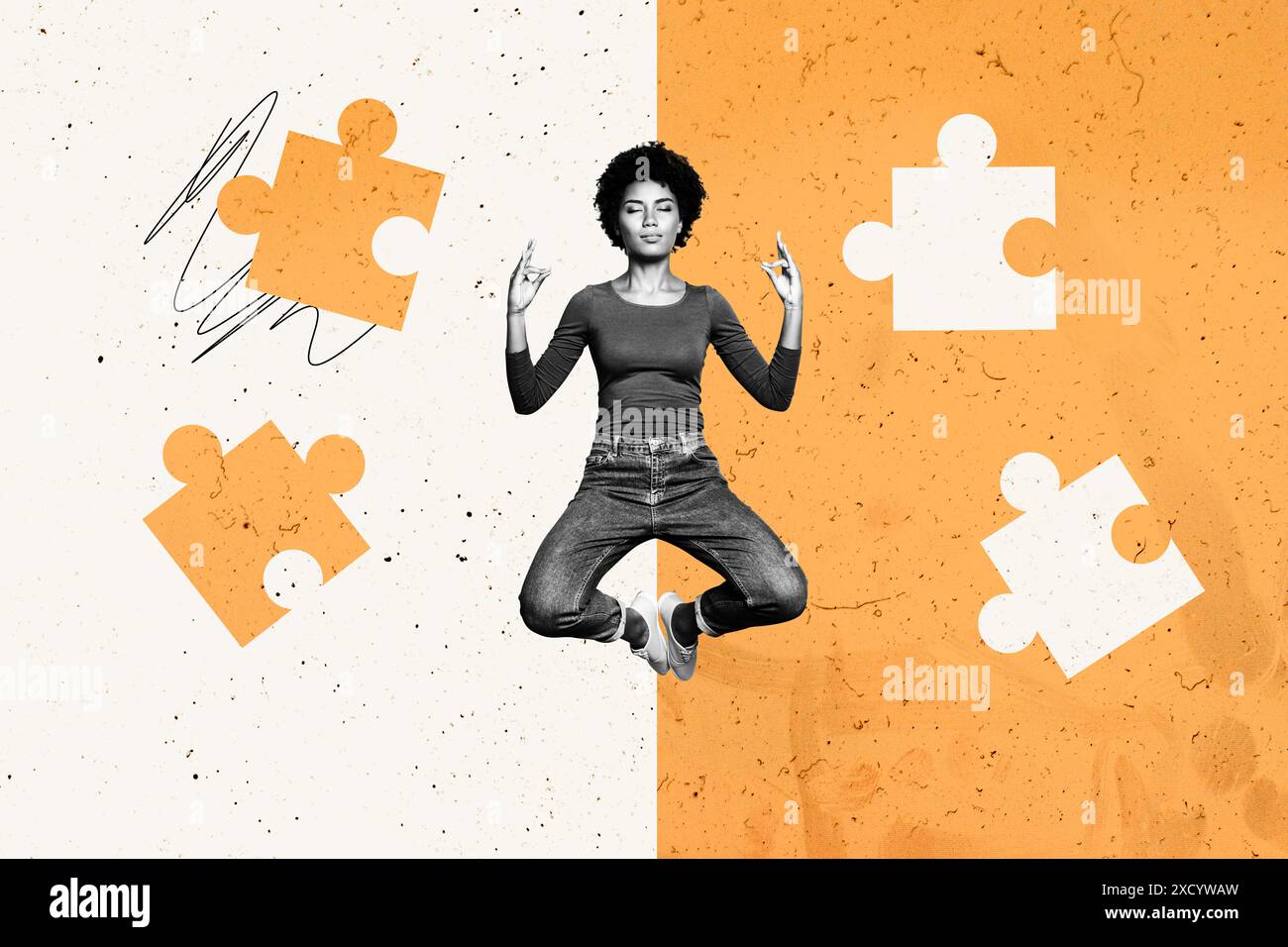 Collage artwork picture of cute african woman fly air om sign ...