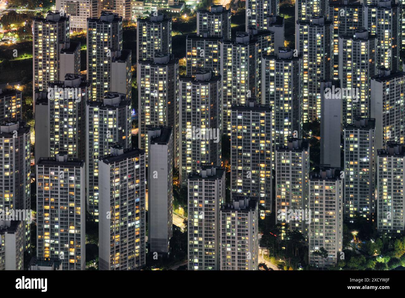 Awesome night aerial view of high-rise residential buildings in Seoul ...