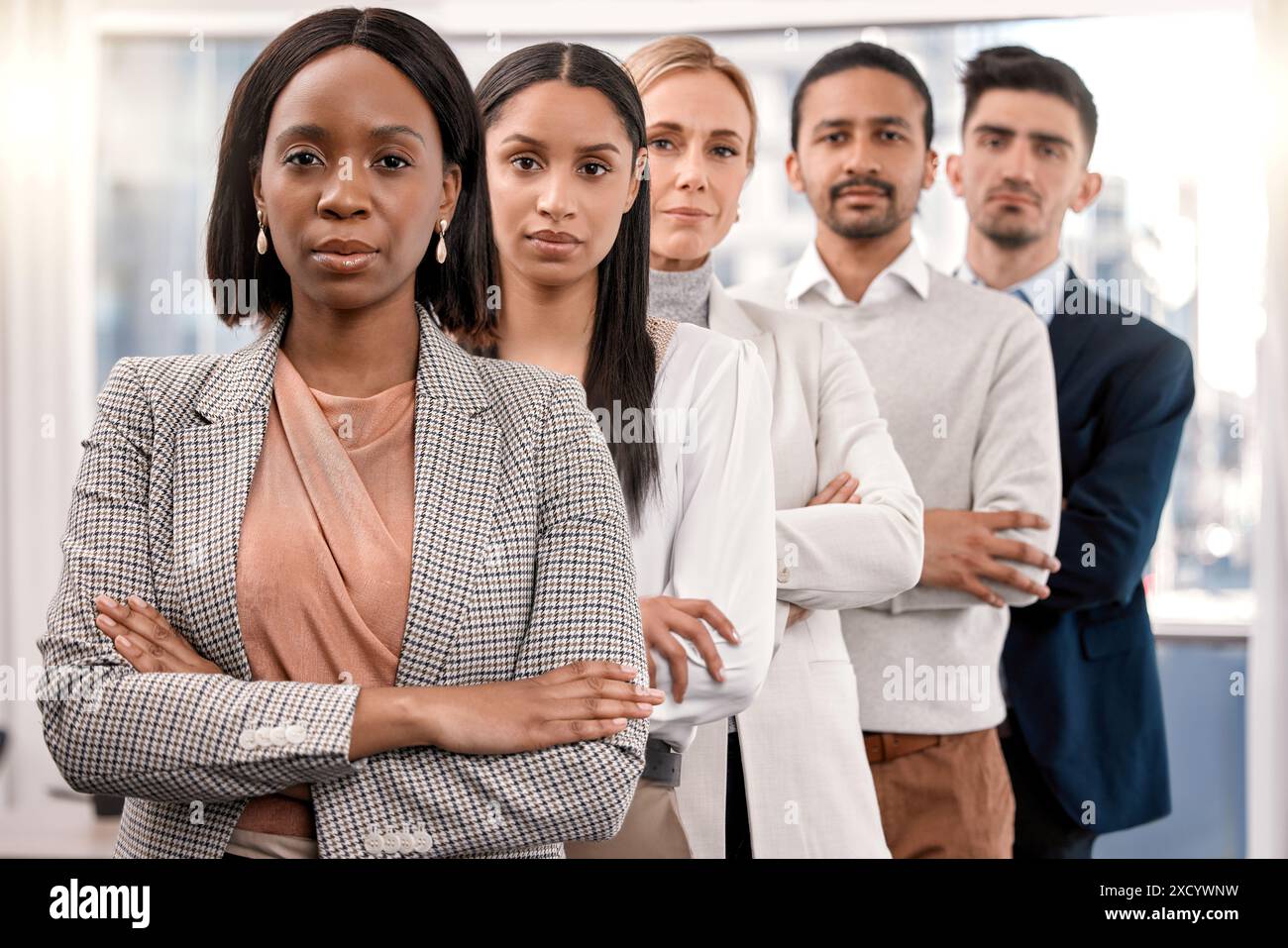 Business people, portrait and confident for unity in row, professional and pride for teamwork in ...