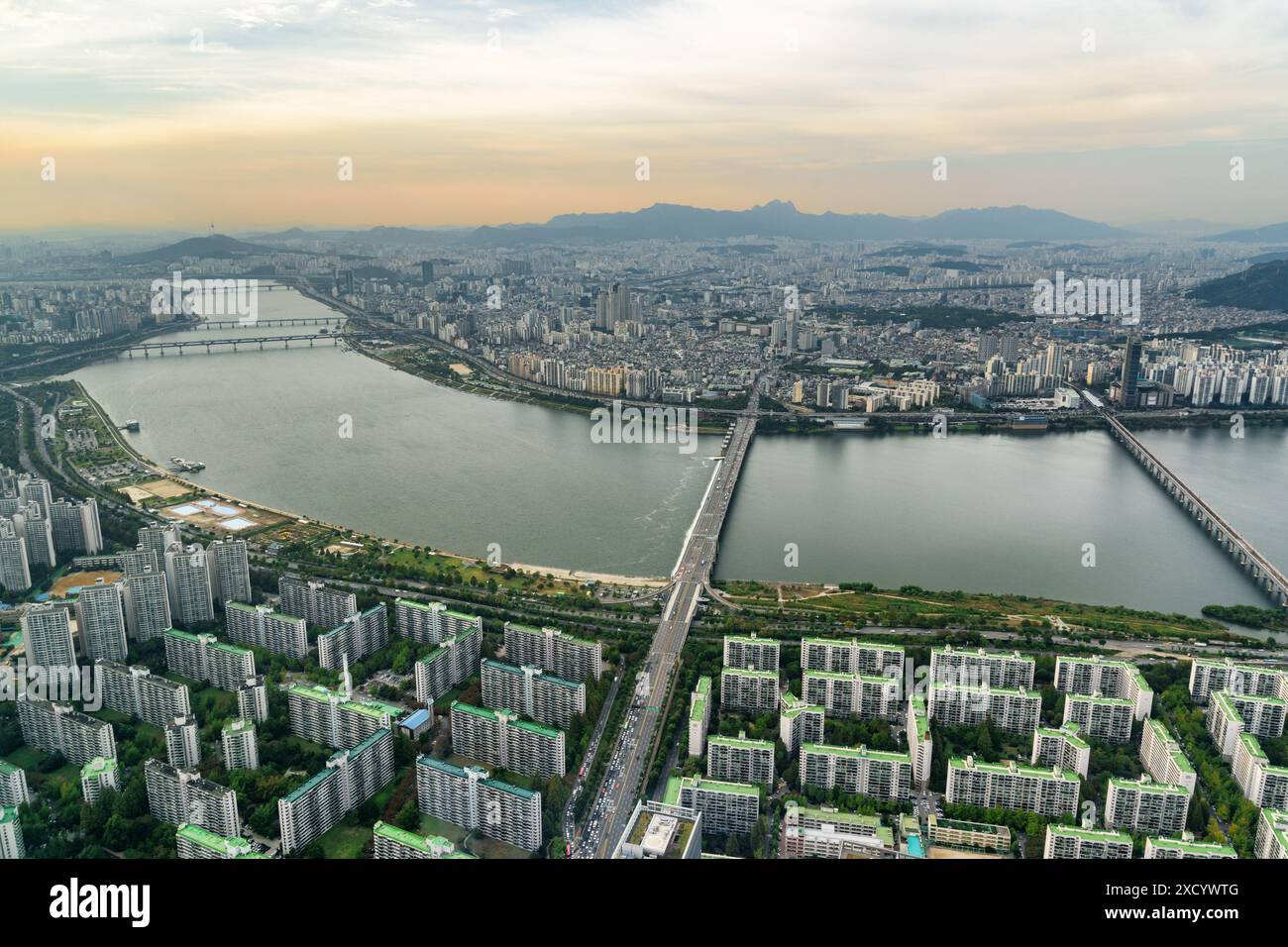 Awesome aerial view of Seoul at sunset, South Korea. Amazing cityscape ...