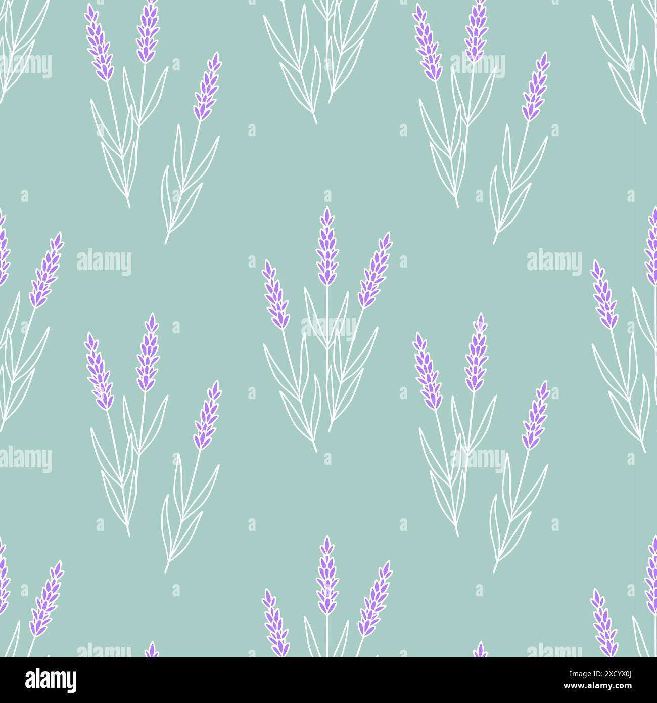 Pattern with Lavender flowers contour drawing, Provencal style, on blue ...