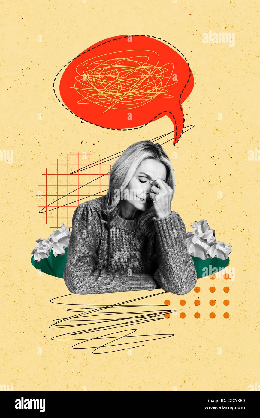 Vertical photo collage of upset old woman business apathy problem ...